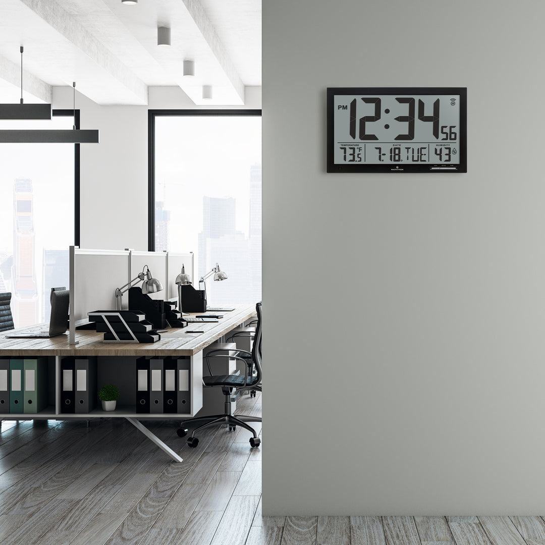 Slim Jumbo Self-Setting Wall Clock with Indoor Temperature & Humidity ...